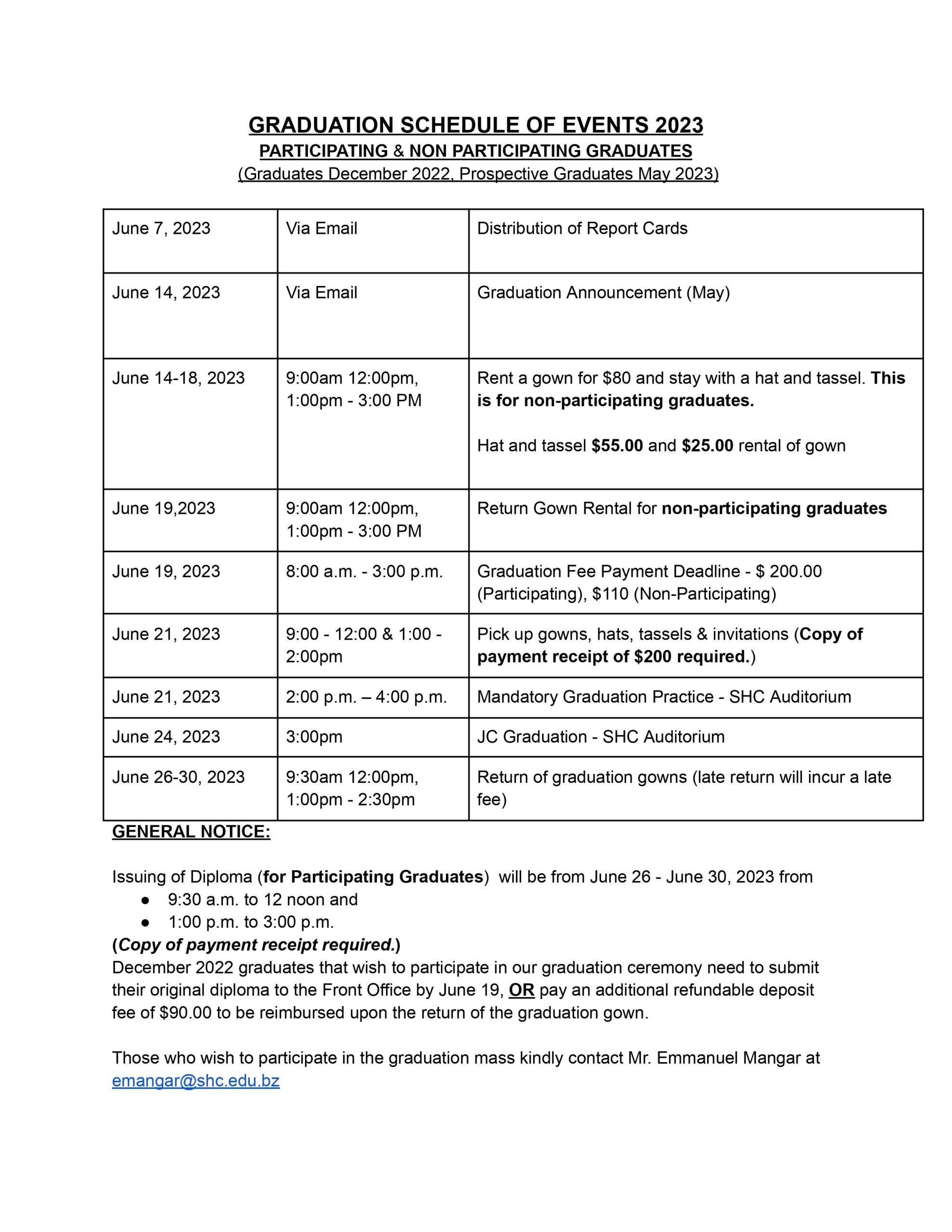 Graduation Schedule Sacred Heart Junior College